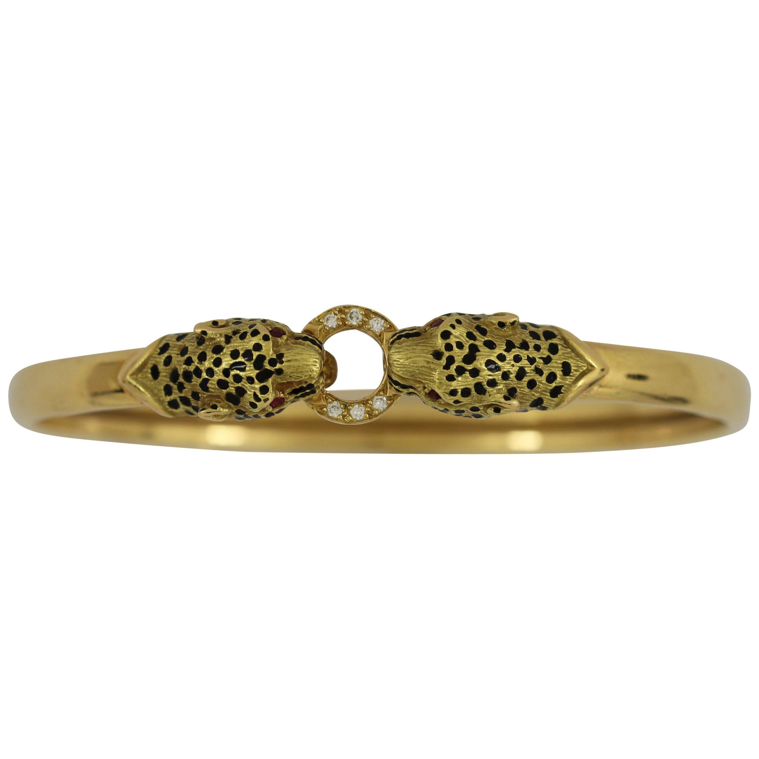 Petite French Double Headed Gold Leopard Bangle with Diamonds and ...
