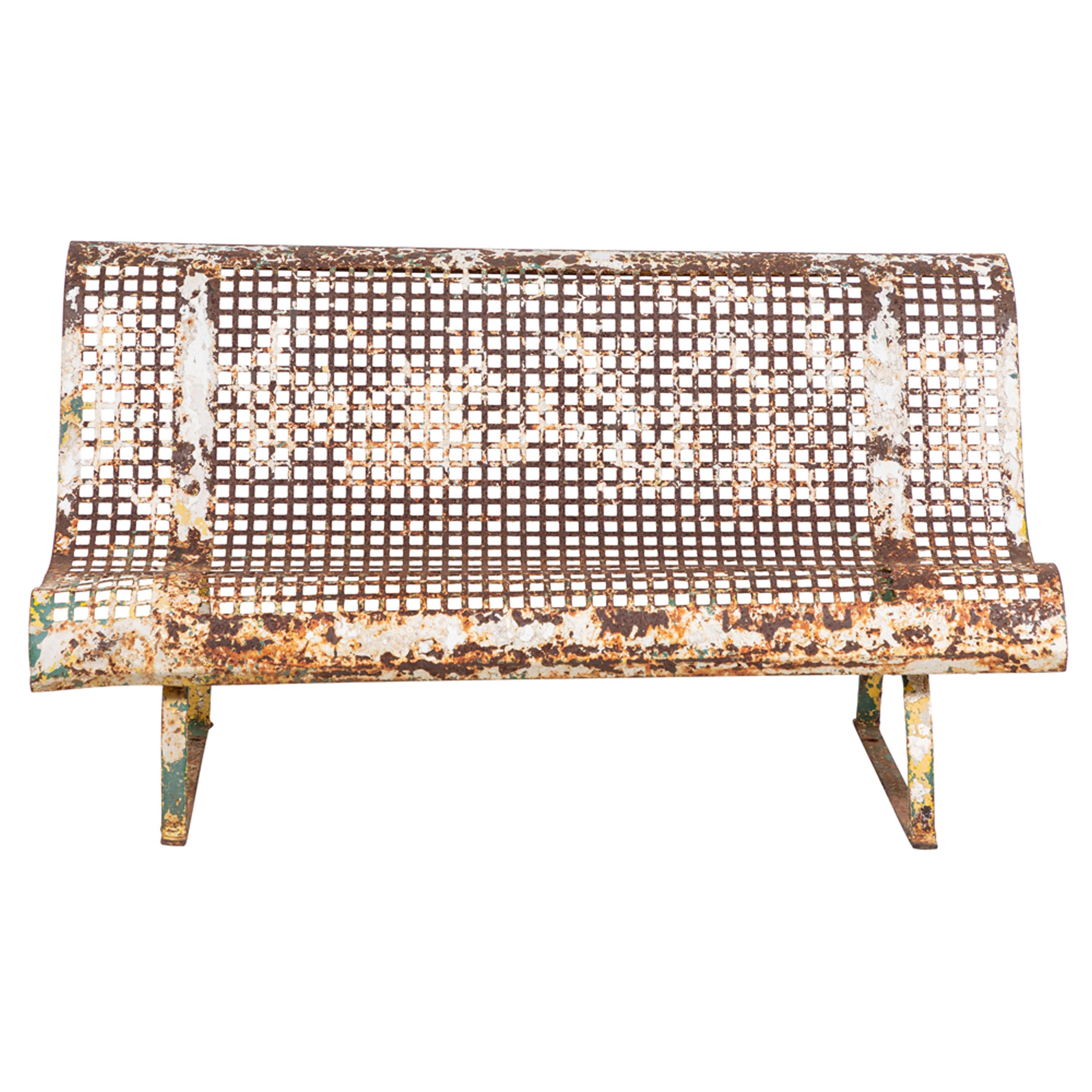 Petite French White Metal Perforated Bench at 1stDibs