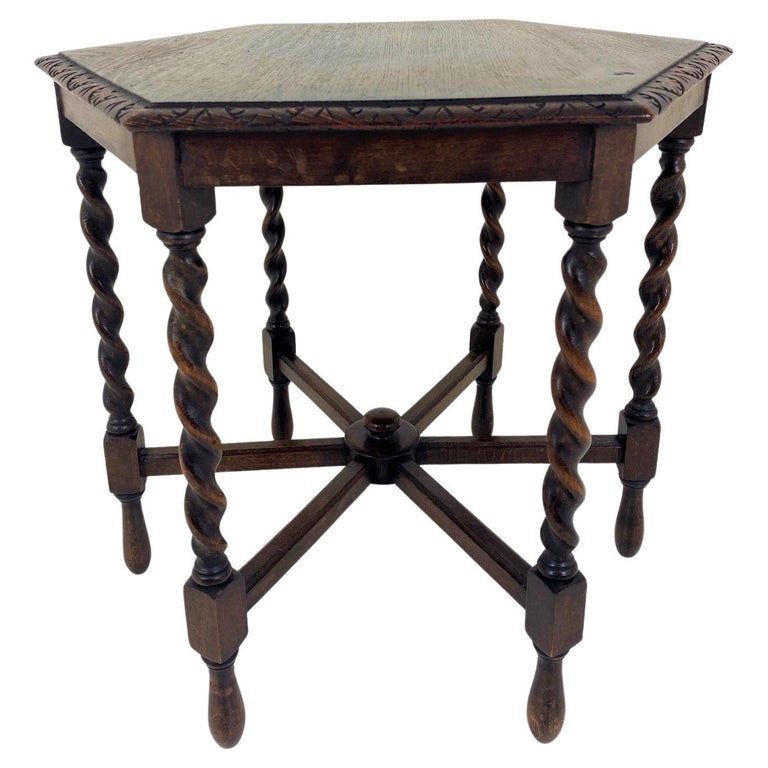 Petite Hexagonal Carved Oak Barley Twist Table, Scotland 1920, H654 For ...