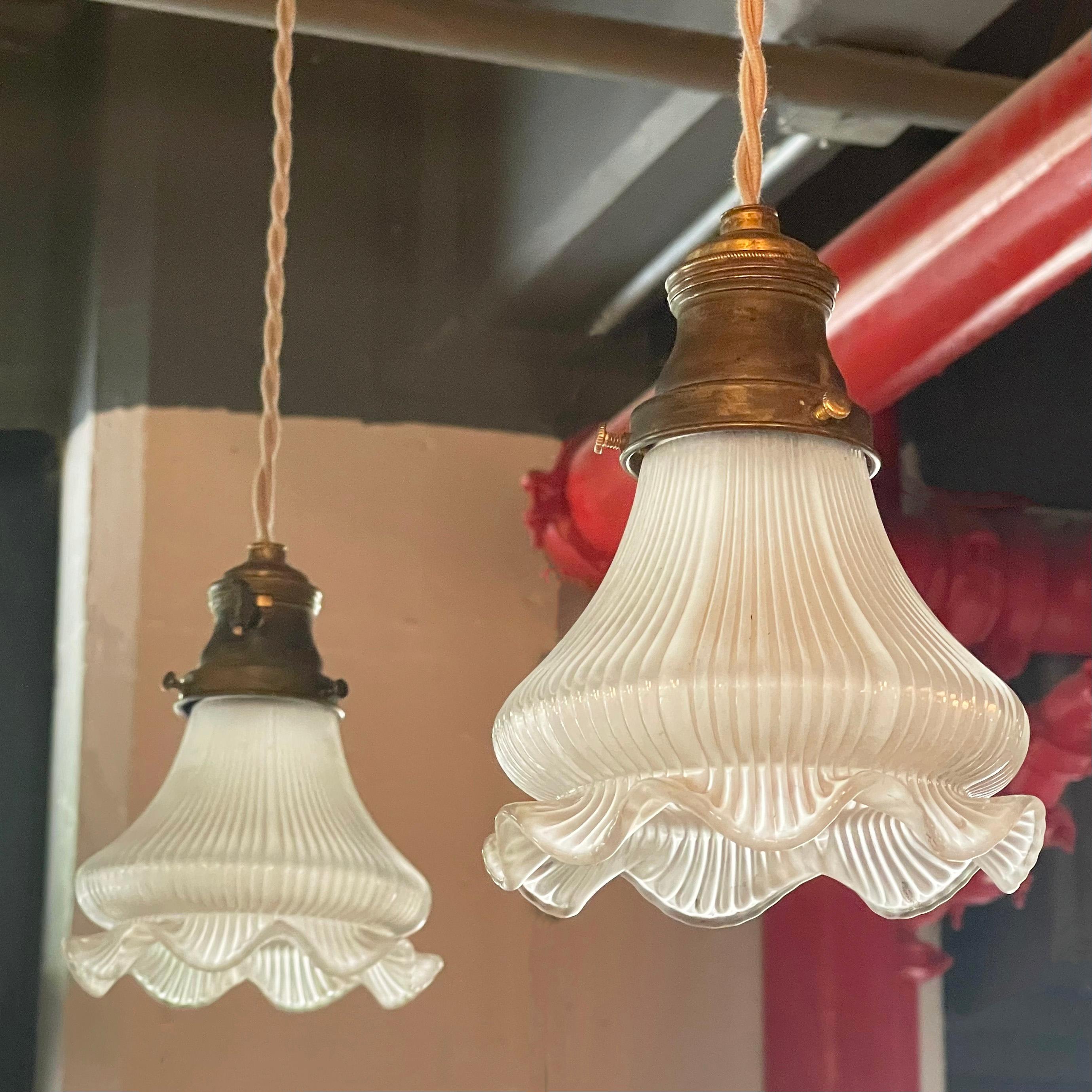 Petite Industrial Ruffled Ribbed Frosted Glass Pendant Lights at 1stDibs