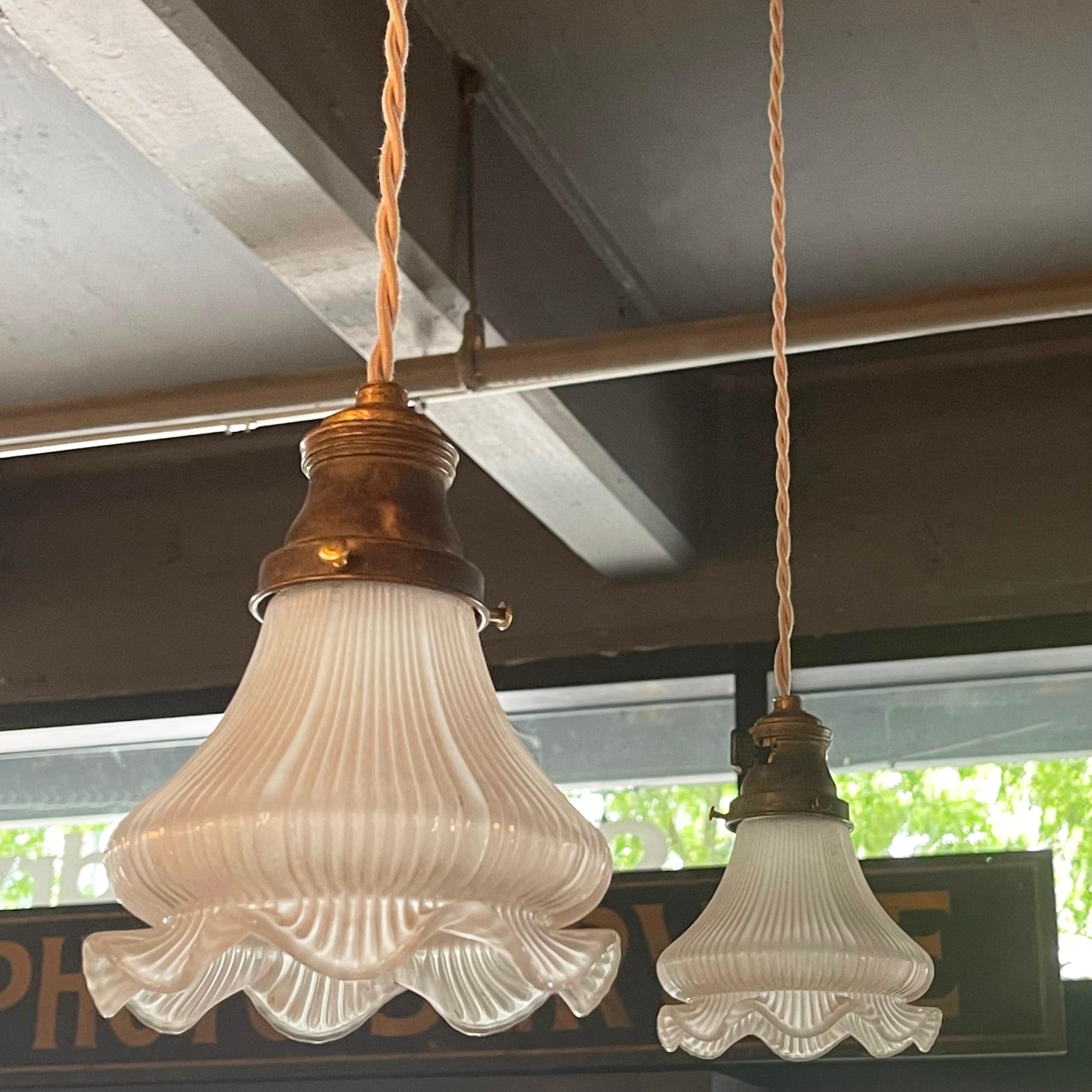 Petite Industrial Ruffled Ribbed Frosted Glass Pendant Lights at 1stDibs