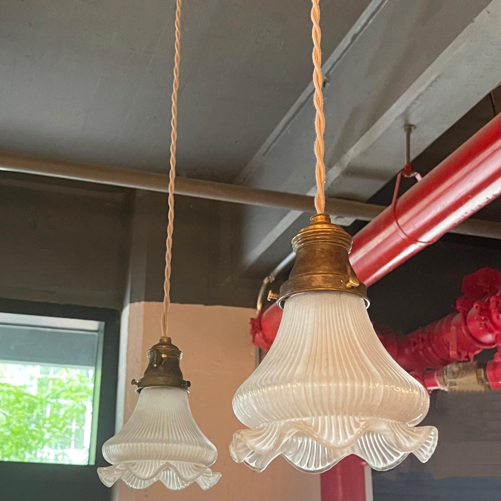 Petite Industrial Ruffled Ribbed Frosted Glass Pendant Lights at 1stDibs