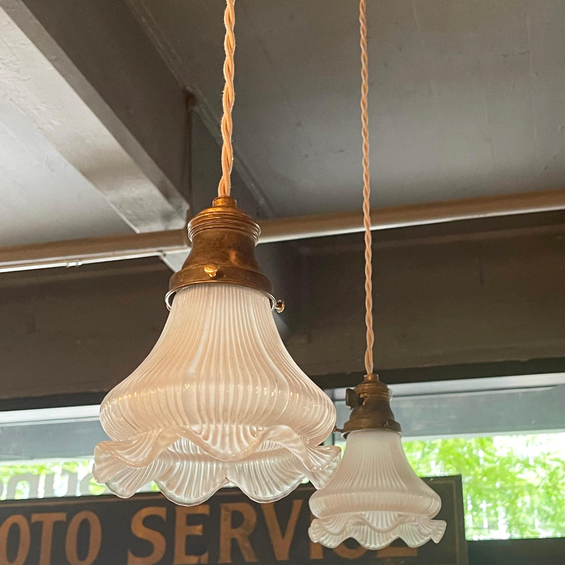 Petite Industrial Ruffled Ribbed Frosted Glass Pendant Lights at 1stDibs