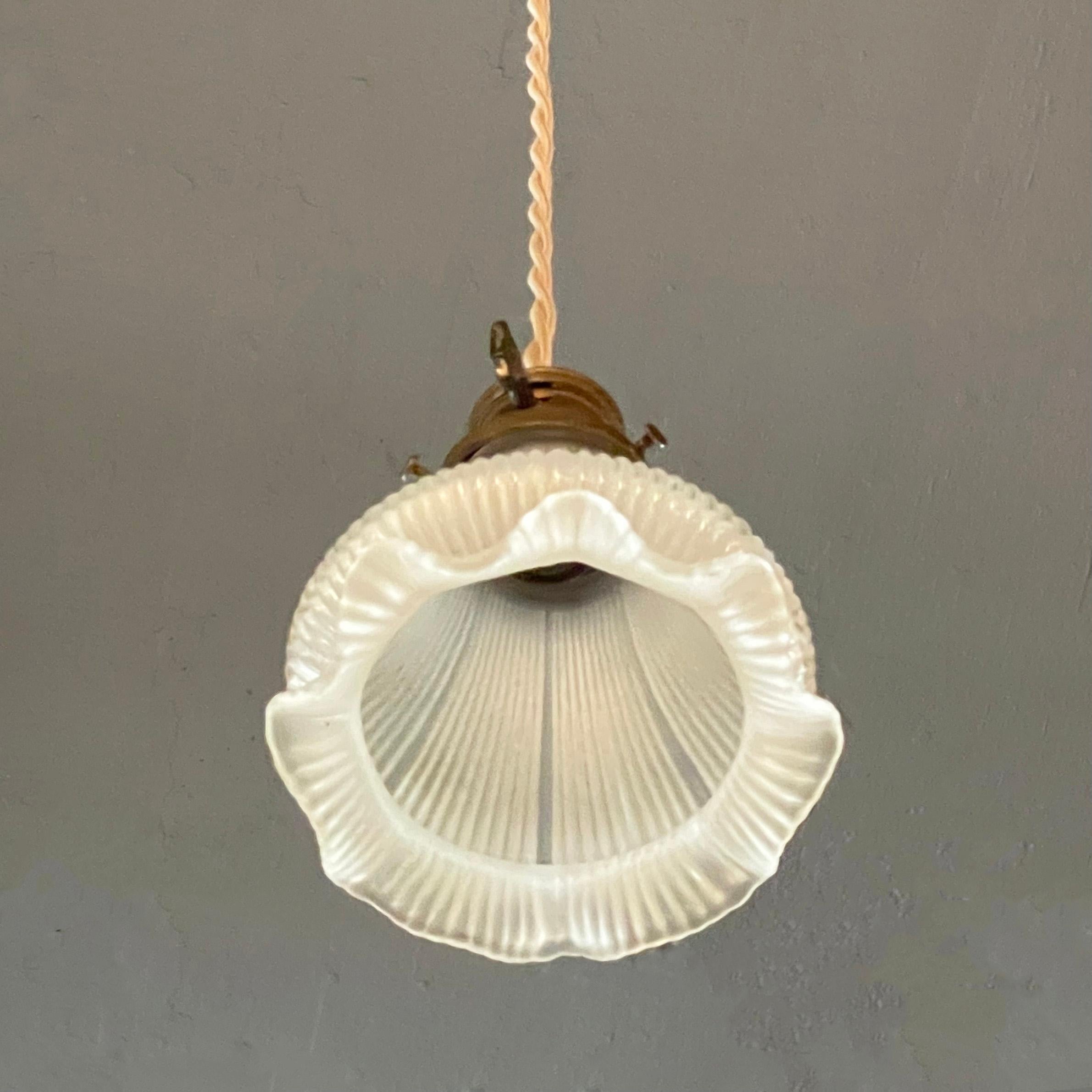 Petite Industrial Ruffled Ribbed Frosted Glass Pendant Lights at 1stDibs