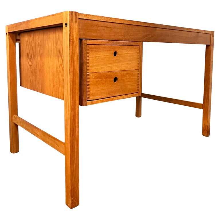 Petite Mid Century Teak Danish Desk with Sliding Drawers and Exposed ...