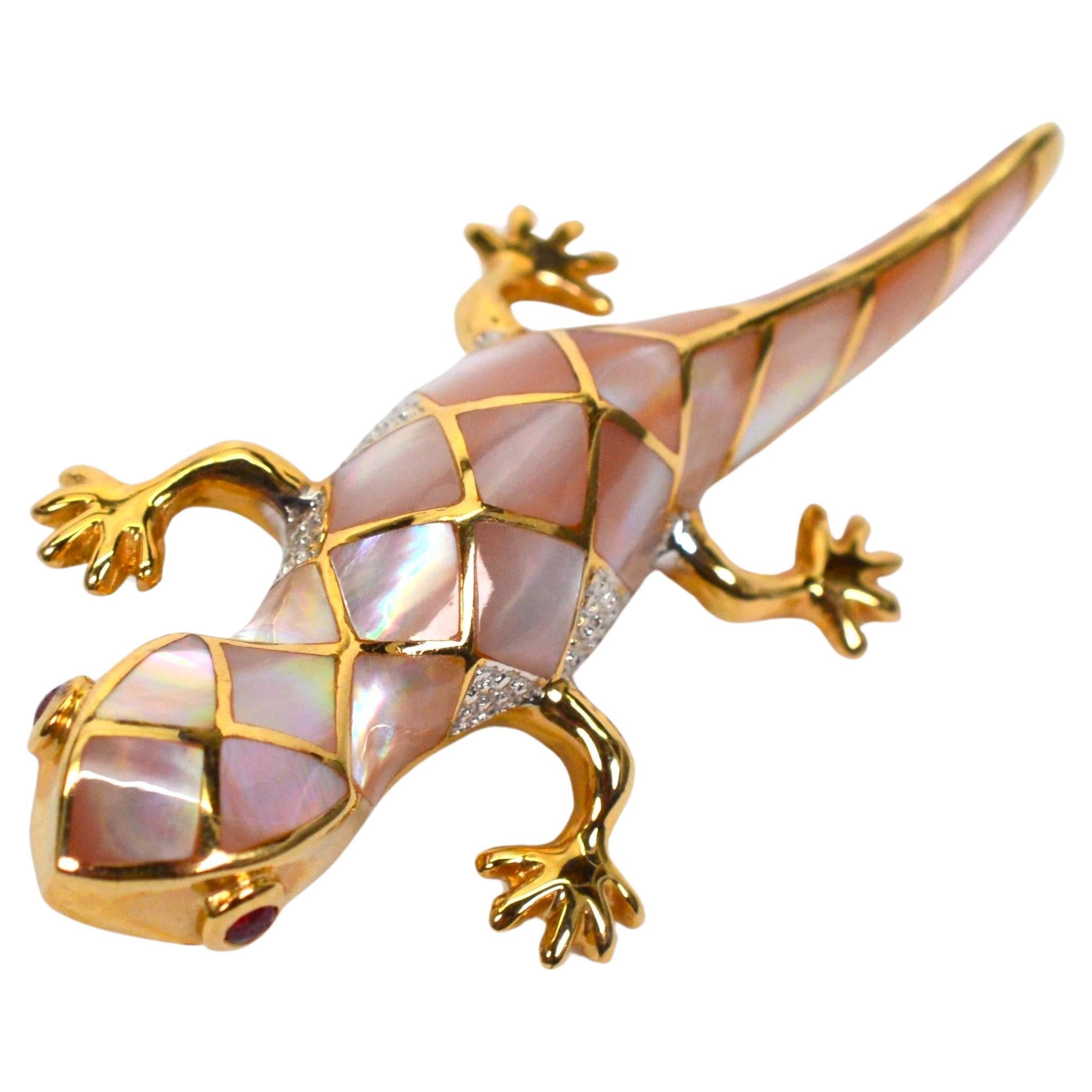Petite Salamander Mother of Pearl 14K Gold Pin Brooch For Sale at 1stDibs