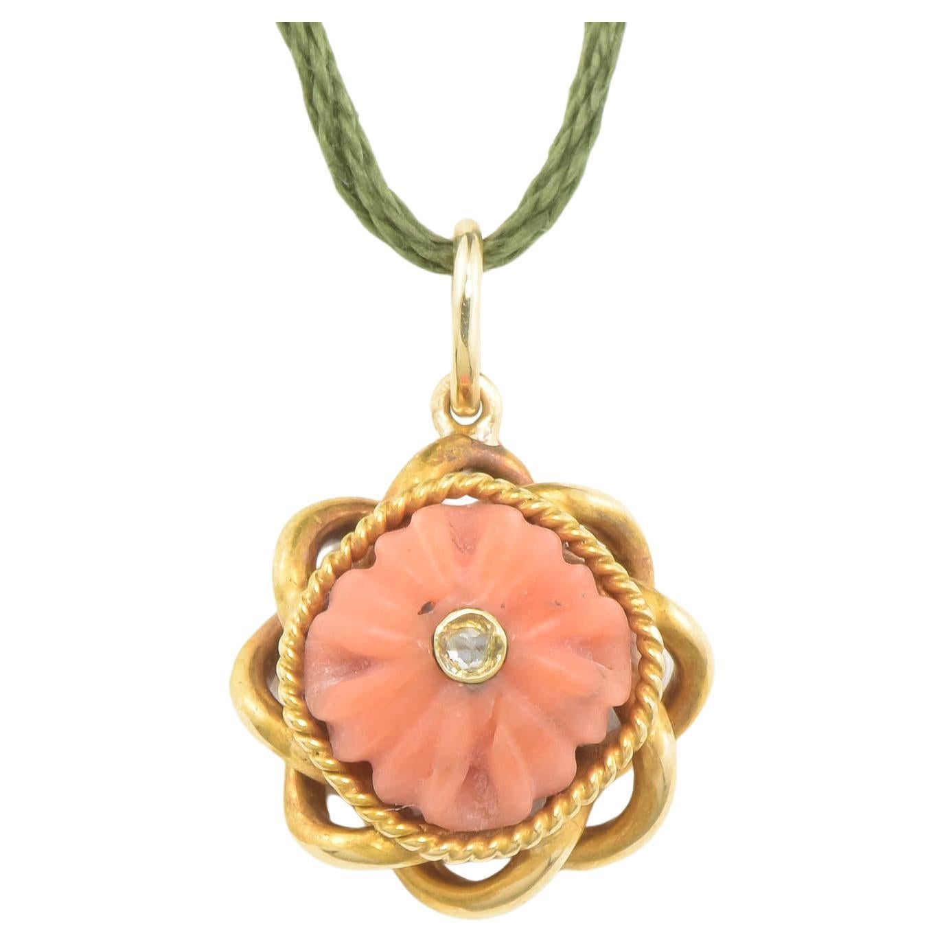 Petite Victorian Carved Coral Flower with Diamond Charm - Antique ...