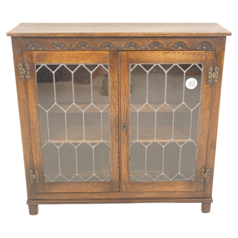 Petite Vintage Oak Leaded Glam Bookcase Display Cabinet, Scotland 1930 ...