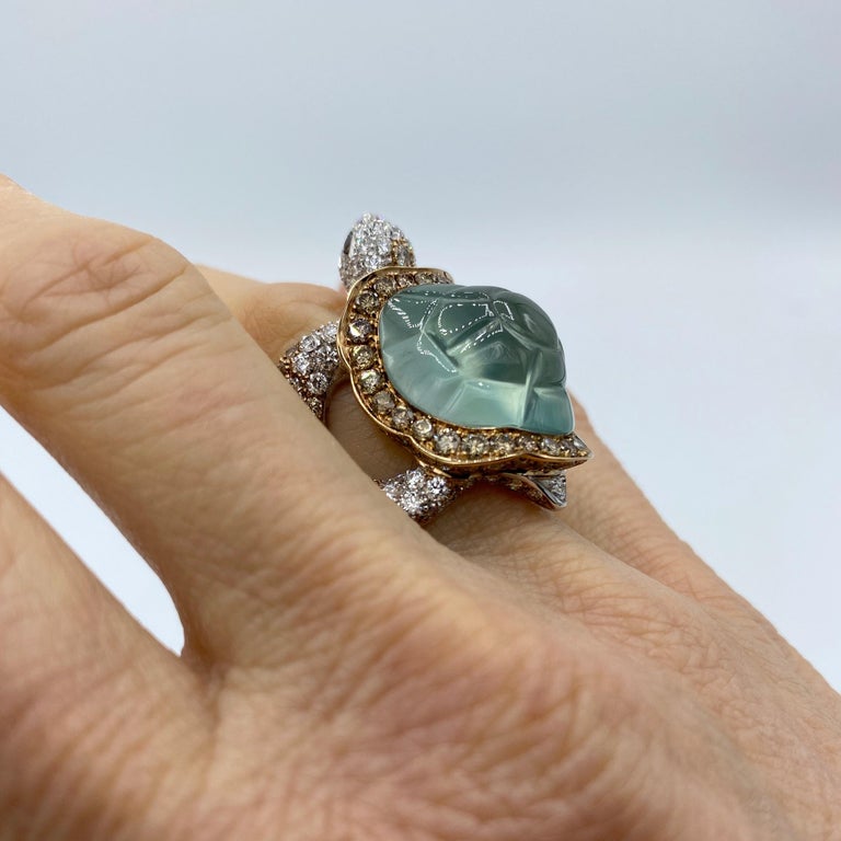 Jewelry Turtle Black Brown White Diamond Prehnite 18 Karat Gold Ring at ...