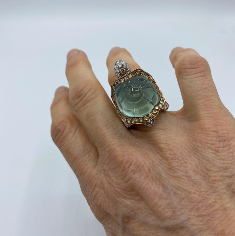 Jewelry Turtle Black Brown White Diamond Prehnite 18 Karat Gold Ring at ...