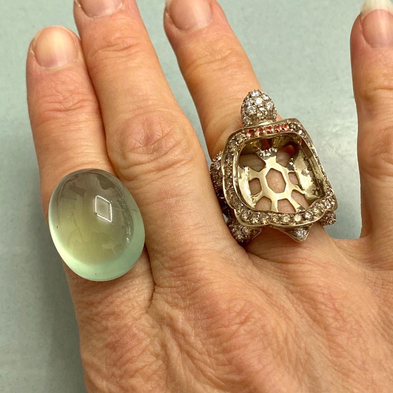 Jewelry Turtle Black Brown White Diamond Prehnite 18 Karat Gold Ring at ...