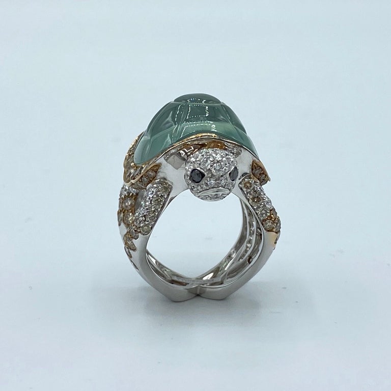 Jewelry Turtle Black Brown White Diamond Prehnite 18 Karat Gold Ring at ...