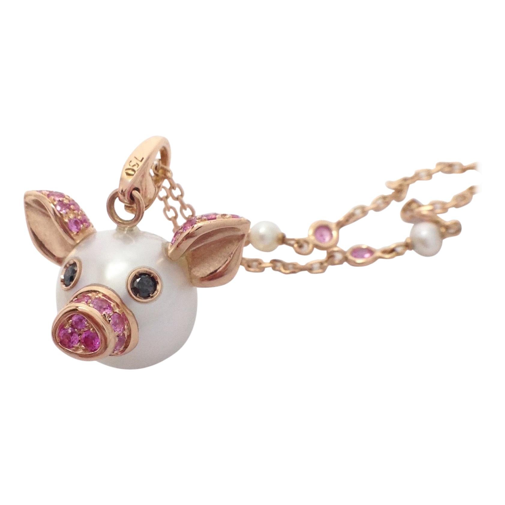 Pig Diamond Sapphire 18 Karat Red Gold Pearl Pendant Necklace and Charm ...
