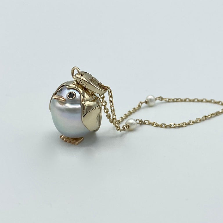 White 18 Karat Gold Australian Pearl Penguin Pendant Charm and Necklace ...