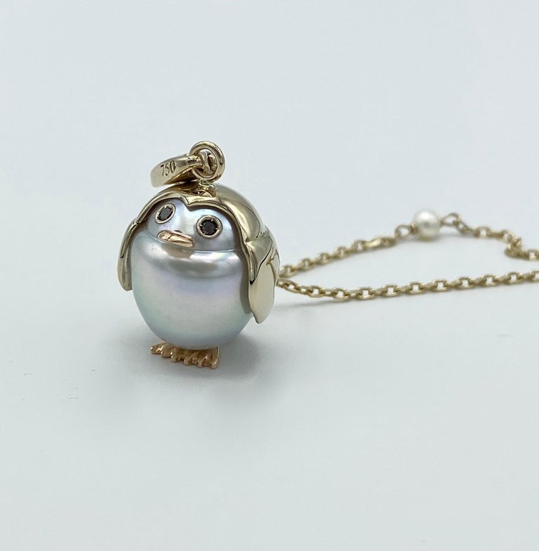 White 18 Karat Gold Australian Pearl Penguin Pendant Charm and Necklace ...