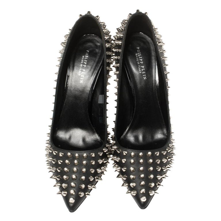 Philipp Plein Black Leather Spiked Taylor Pumps Size 37.5 at 1stDibs