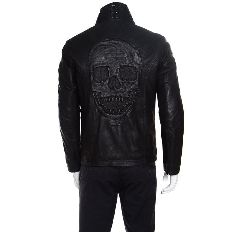 Philipp Plein Black Skull Motif Leather Biker Jacket M For Sale at 1stDibs