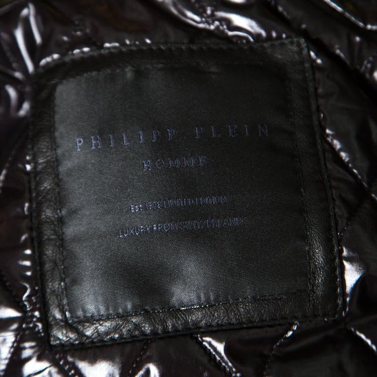 Philipp Plein Black Skull Motif Leather Biker Jacket M For Sale at 1stDibs