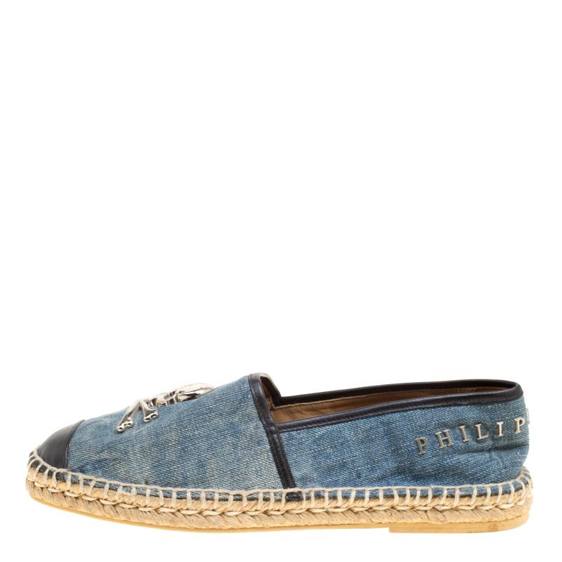 Philipp Plein Blue/Black Denim and Leather New York Espadrilles Size 40 ...