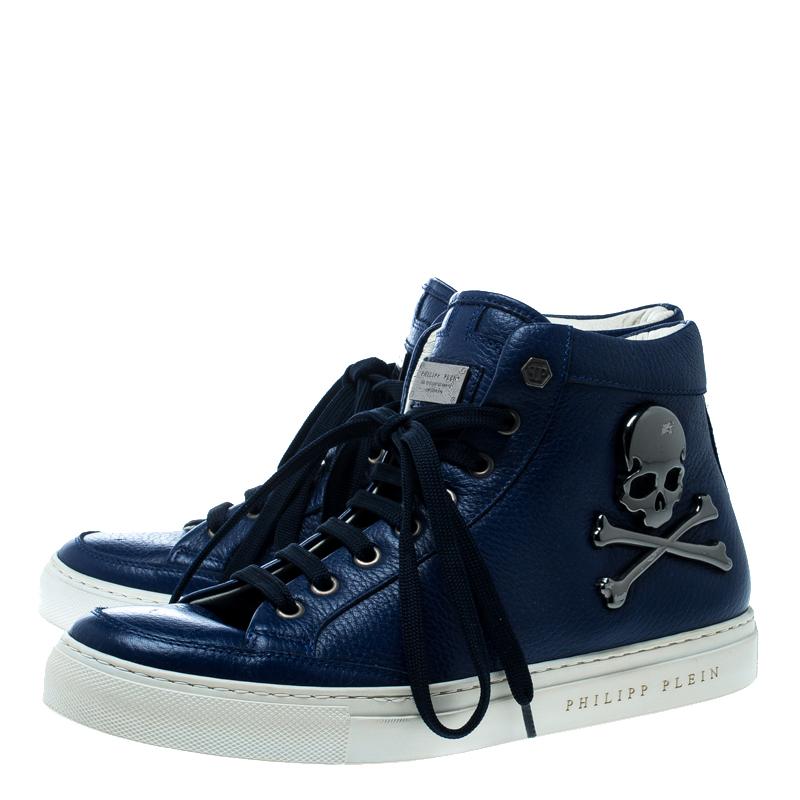 Philipp Plein Blue Leather Skull High Top Sneakers Size 40 For Sale at ...