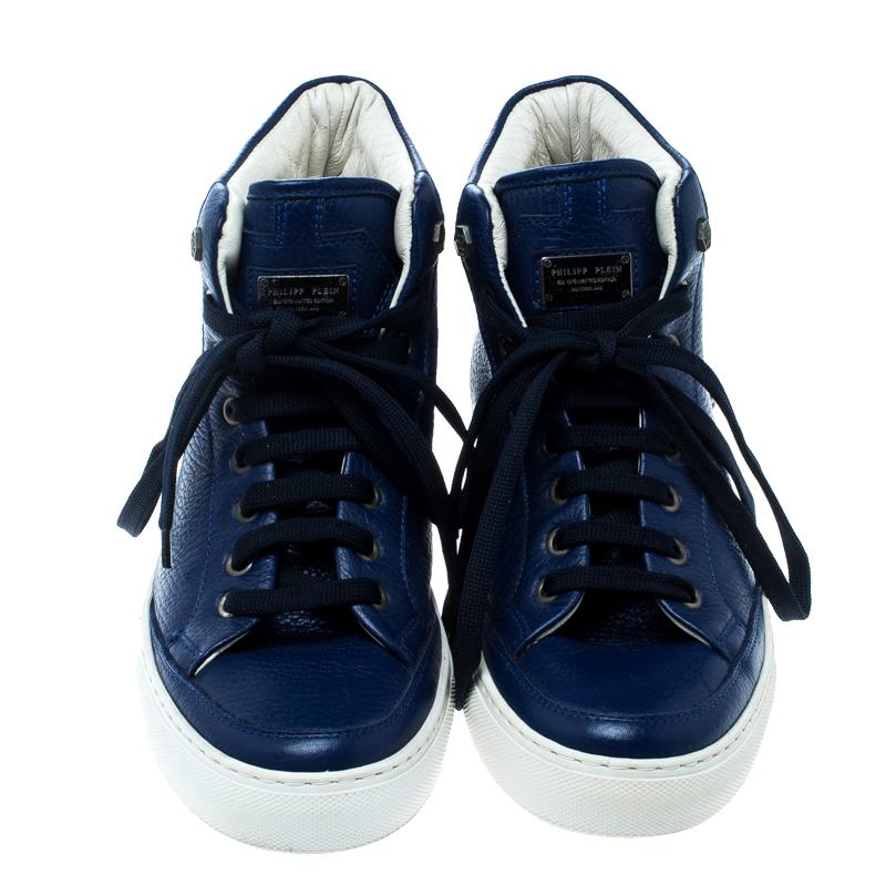 Philipp Plein Blue Leather Skull High Top Sneakers Size 40 For Sale at ...