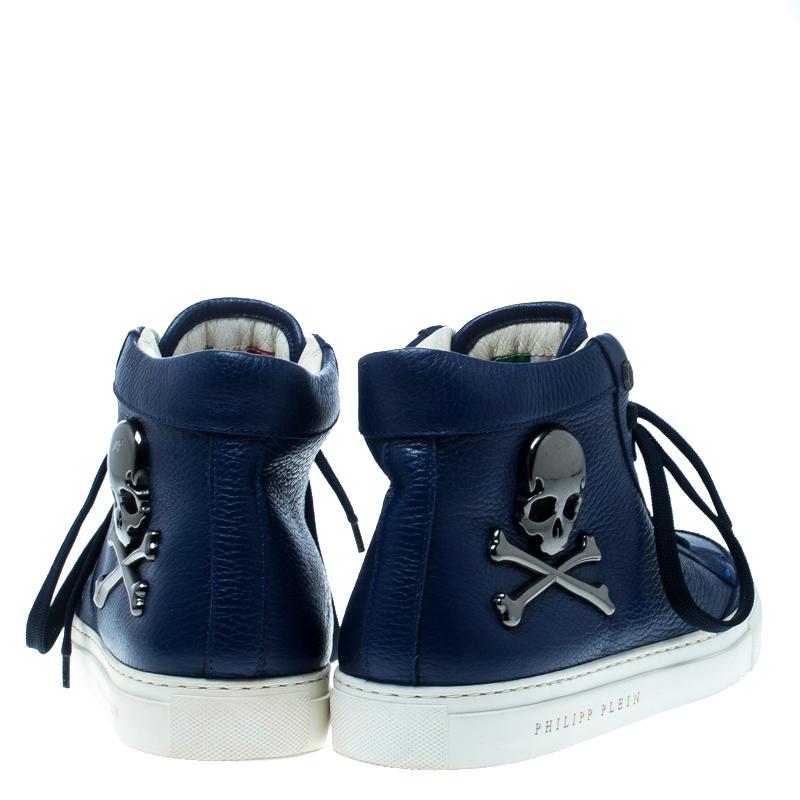 Philipp Plein Blue Leather Skull High Top Sneakers Size 40 For Sale at ...