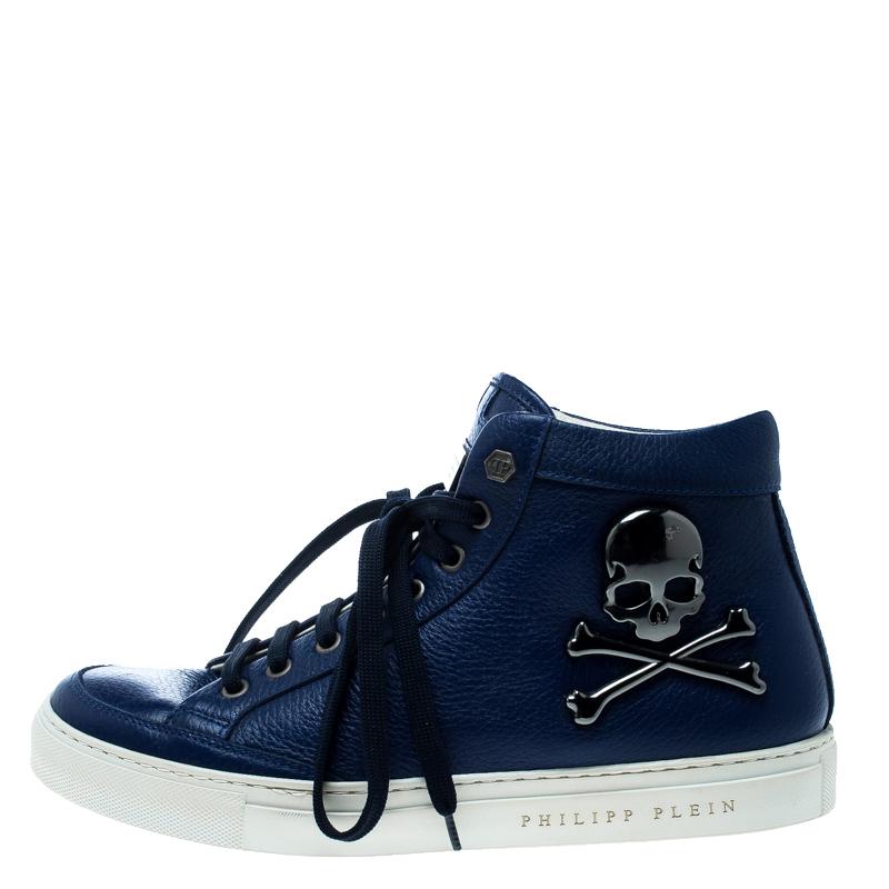Philipp Plein Blue Leather Skull High Top Sneakers Size 40 For Sale at ...
