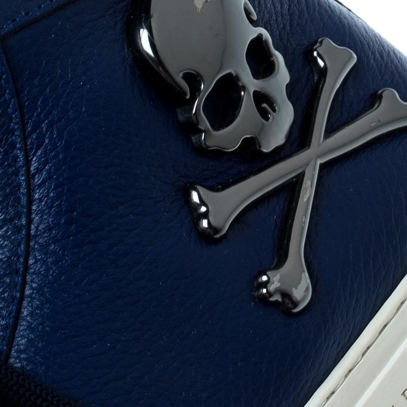 Philipp Plein Blue Leather Skull High Top Sneakers Size 40 For Sale at ...