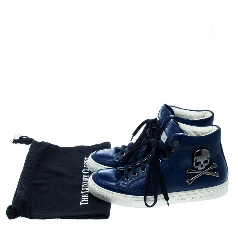 Philipp Plein Blue Leather Skull High Top Sneakers Size 40 For Sale at ...