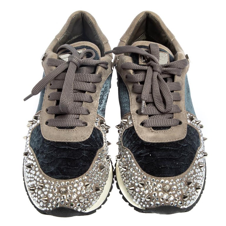Philipp Plein Grey/Blue Suede and Velvet Spike Embellished Sneakers ...