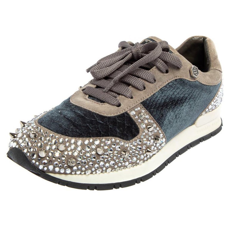 Philipp Plein Grey/Blue Suede and Velvet Spike Embellished Sneakers ...