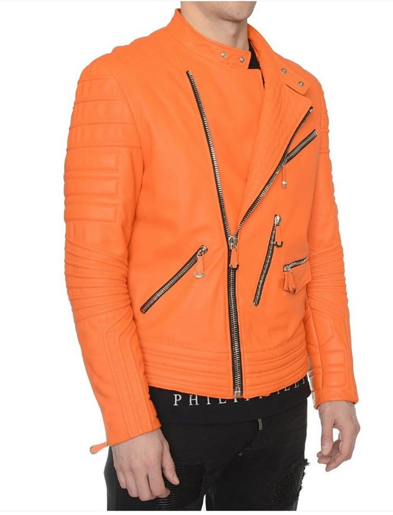 PHILIPP PLEIN MEN'S ORANGE LEATHER BIKER JACKET from CELEBRITY CLOSET ...