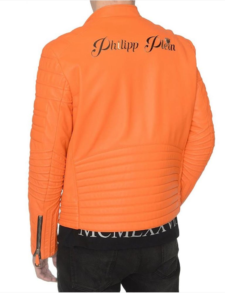 PHILIPP PLEIN MEN'S ORANGE LEATHER BIKER JACKET from CELEBRITY CLOSET ...
