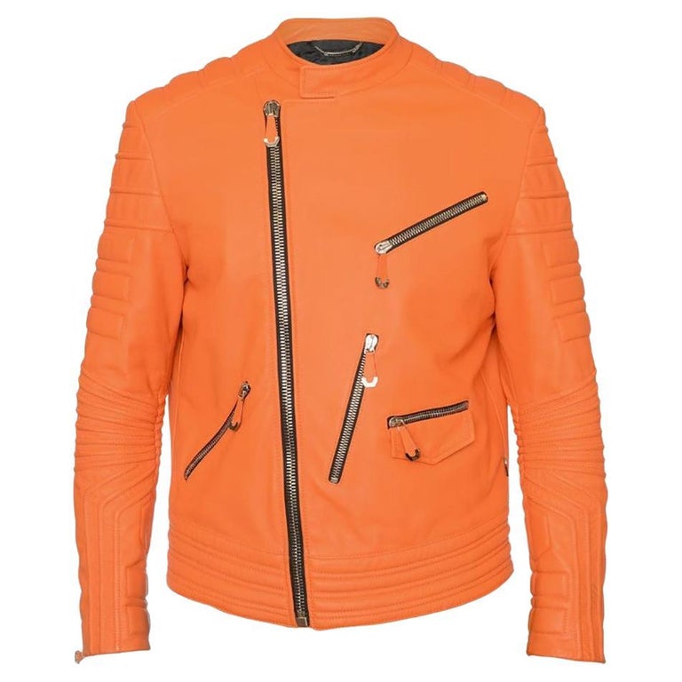 PHILIPP PLEIN MEN'S ORANGE LEATHER BIKER JACKET from CELEBRITY CLOSET ...