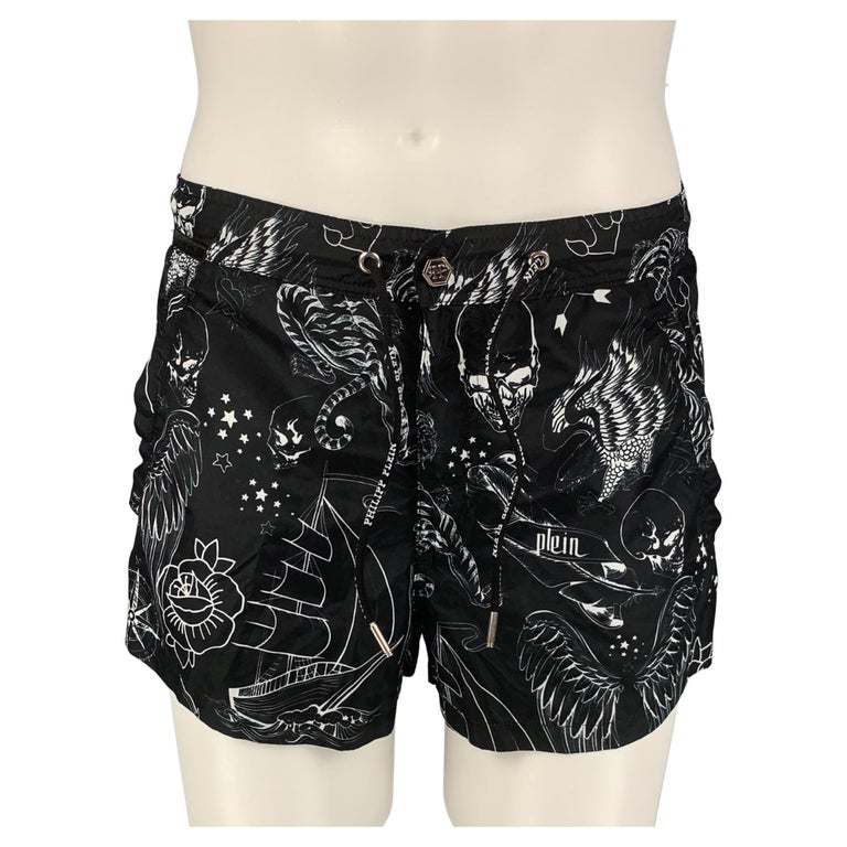 PHILIPP PLEIN Size M Black White Print Polyamide Drawstring Swim Trunks ...