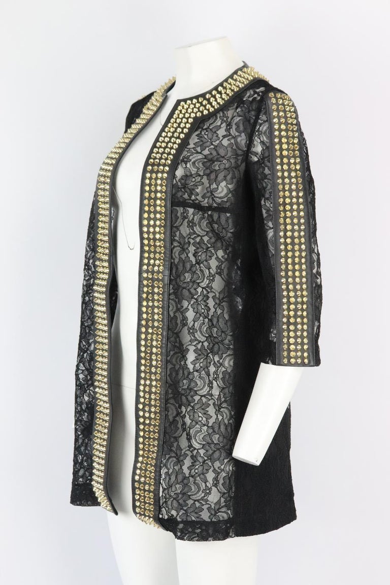 Philipp Plein Studded Leather Trimmed Corded Lace Coat Small For Sale ...