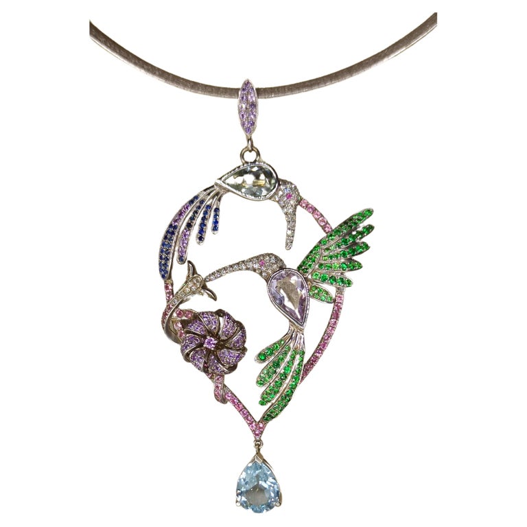 Phoenix Pendant Necklace, White Gold, Aquamarines, Sapphires and ...
