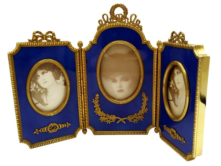 Photo Frame Triptych hinged shaped frame for 3 photographs Blue Enamel ...