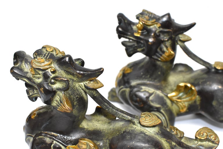 Pair Bronze Pi Xiu Lion Statues Paperweights at 1stDibs