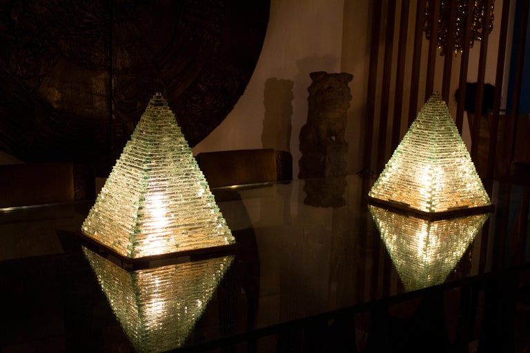 Pia Manu Table Lamps Pyramid Form in Stacked Glass and Corten Steel ...