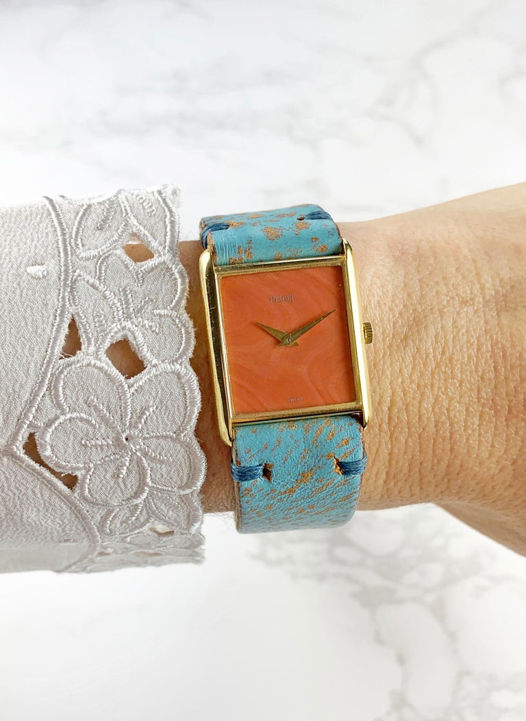 Piaget 18 Karat Yellow Gold Tank Coral Dial Manual Wind Watch For Sale ...