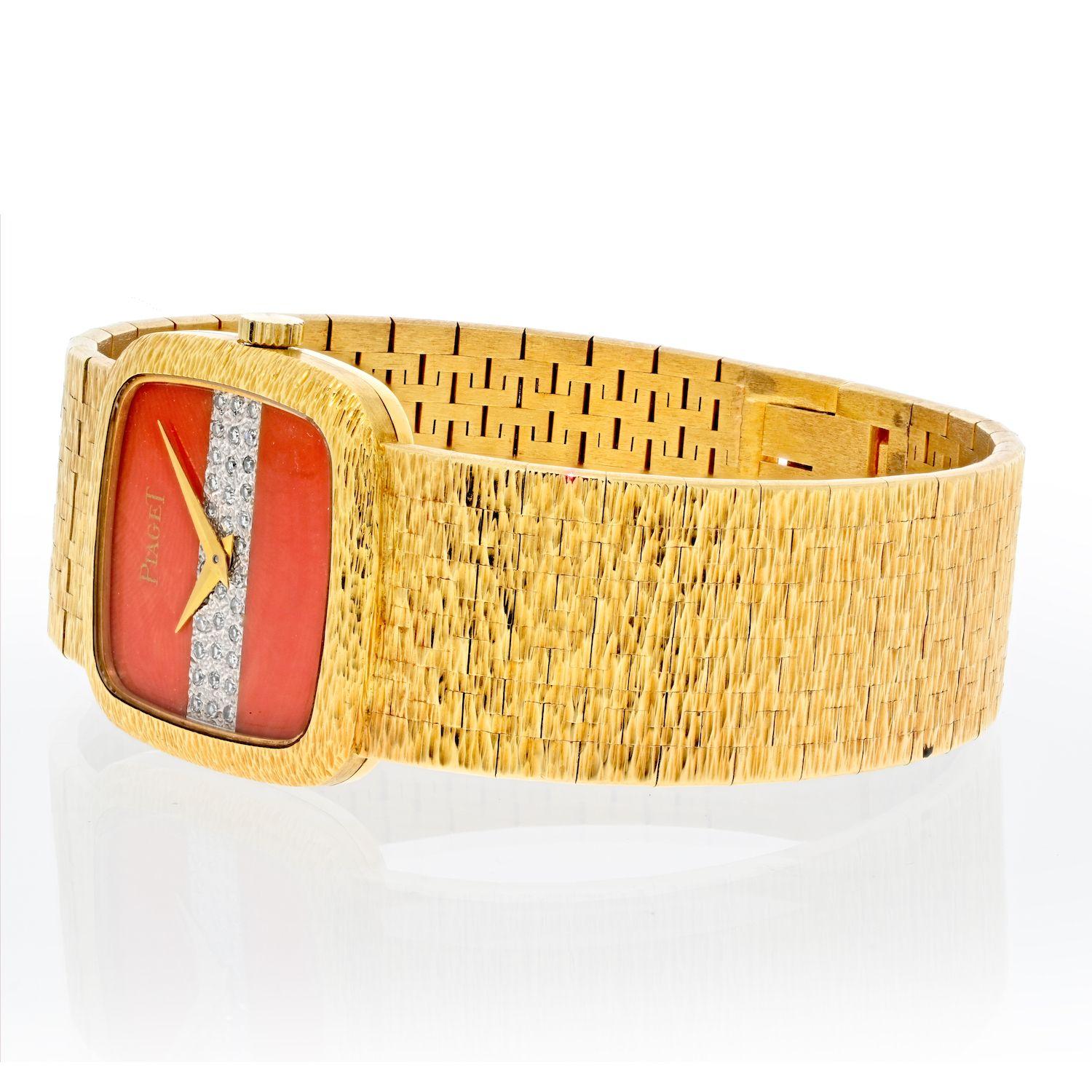 Piaget 18k Yellow Gold 1970s Coral Diamond Dial Vintage 9902a6 Ladies ...