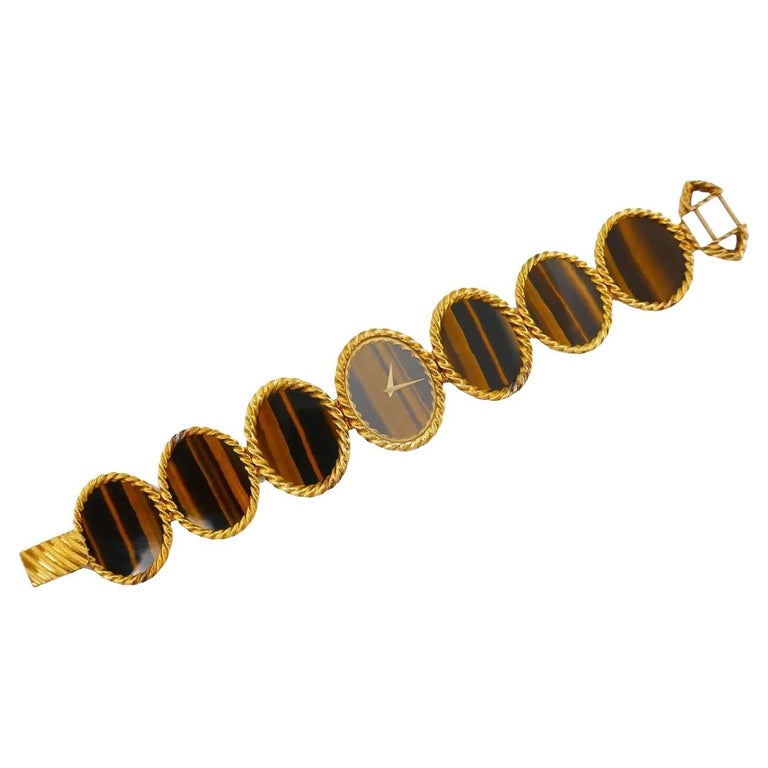 Piaget 18K Yellow Gold 1970's Tiger Eye Oval Link Ladies Watch For Sale ...