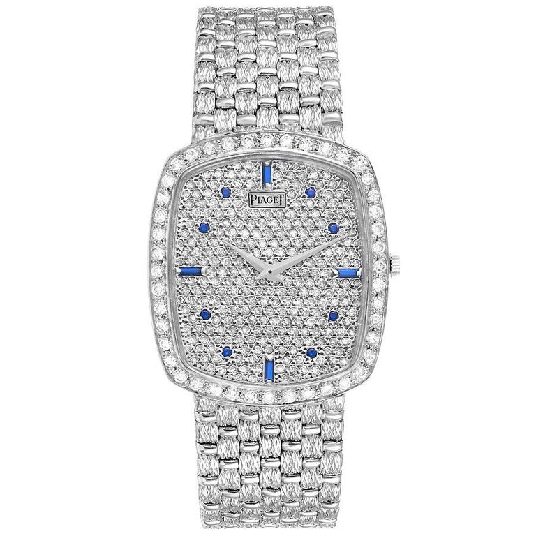 Piaget White Gold Pave Diamond Sapphire Dial Vintage Unisex Watch 9741 ...