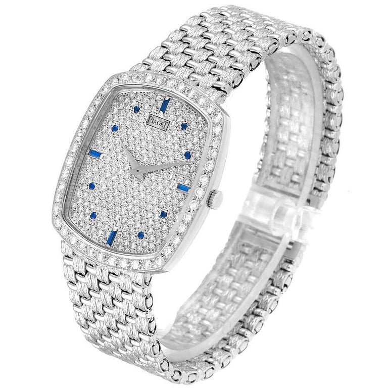 Piaget White Gold Pave Diamond Sapphire Dial Vintage Unisex Watch 9741 ...
