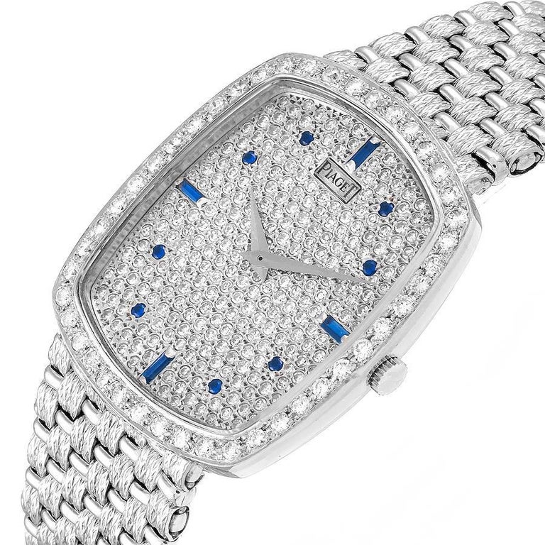 Piaget White Gold Pave Diamond Sapphire Dial Vintage Unisex Watch 9741 ...
