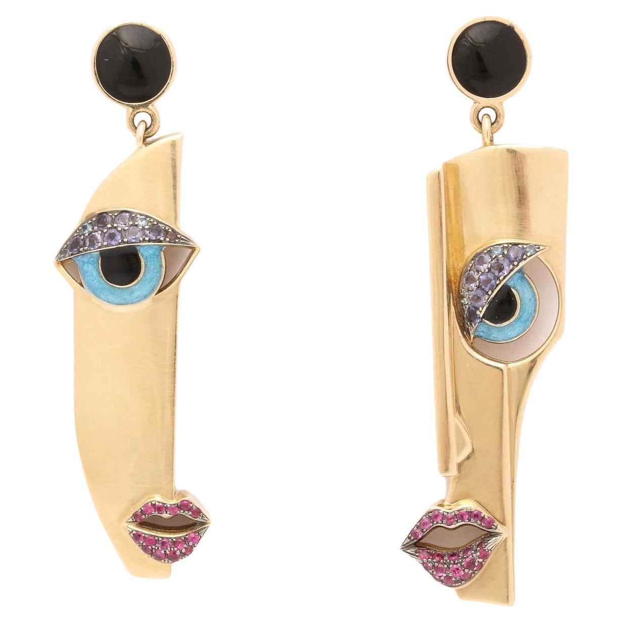 Picasso Style Diamond and Enamel Gold Face Earrings For Sale at 1stDibs