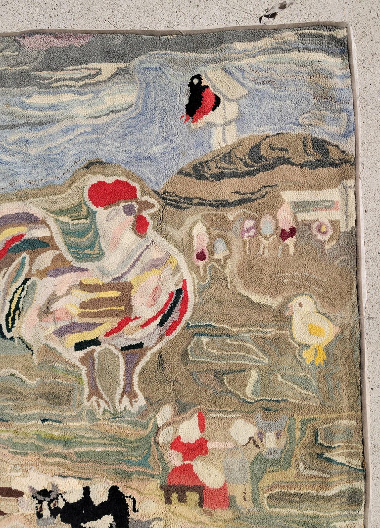 Pictorial 20thc Farm Animals Hand Hooked Rug For Sale at 1stDibs