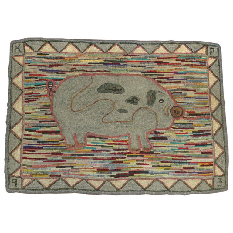 Pictorial Pig American Hooked Rug at 1stDibs