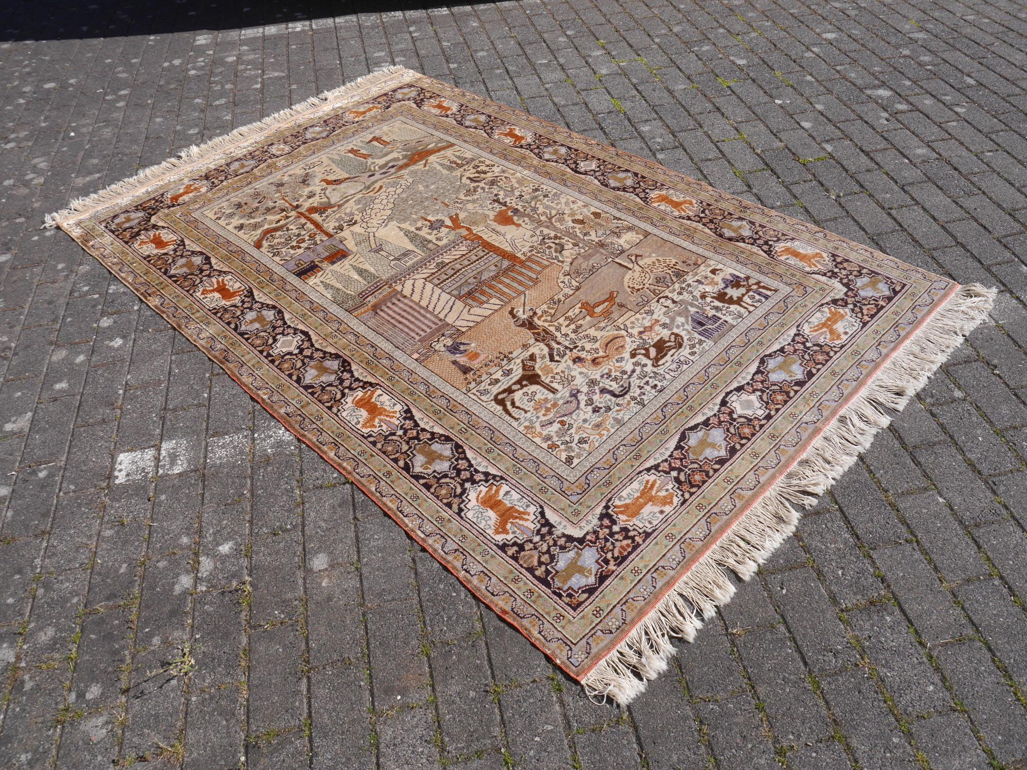 Pictorial Turkish Silk Rug For Sale at 1stDibs